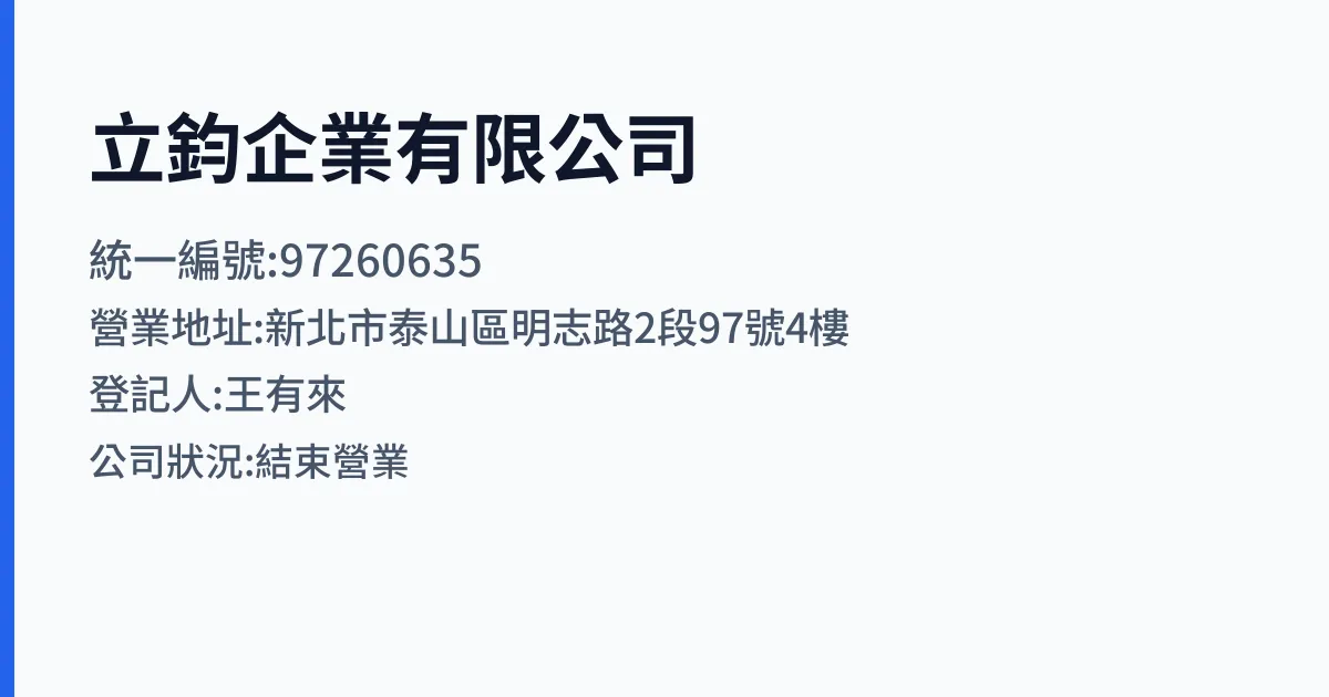 立鈞企業有限公司 - 統編 97260635(新北市) 公司登記資料與營業項目詳細圖表
