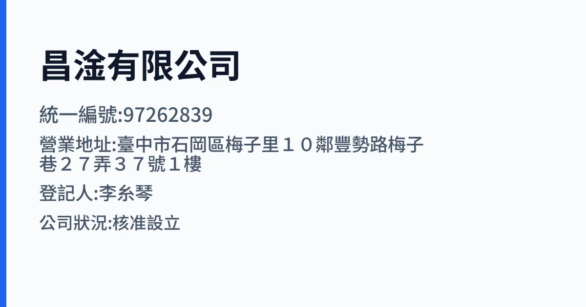 昌淦有限公司 - 統編 97262839(臺中市) 公司登記資料與營業項目詳細圖表