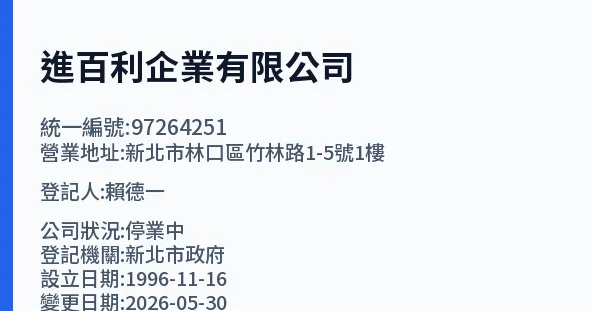 進百利企業有限公司的照片-統編 97264251(新北市) 公司登記資料與營業項目詳細圖表