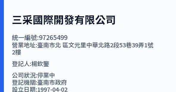 三采國際開發有限公司的照片-統編 97265499(臺南市) 公司登記資料與營業項目詳細圖表