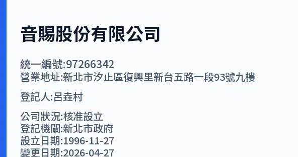音賜股份有限公司的照片-統編 97266342(新北市) 公司登記資料與營業項目詳細圖表