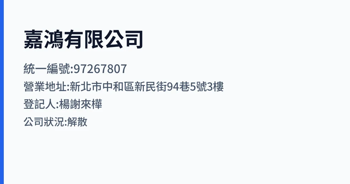 嘉鴻有限公司 - 統編 97267807(新北市) 公司登記資料與營業項目詳細圖表