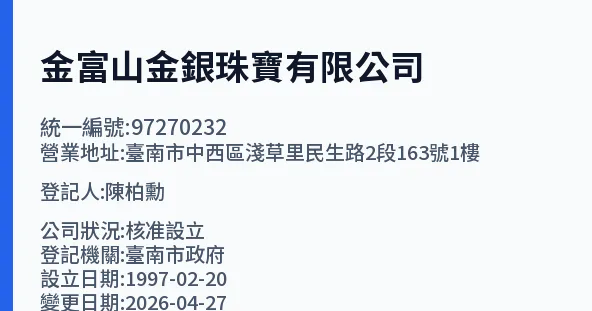 金富山金銀珠寶有限公司的照片-統編 97270232(臺南市) 公司登記資料與營業項目詳細圖表
