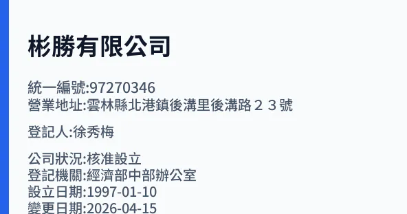 彬勝有限公司的照片-統編 97270346(雲林縣) 公司登記資料與營業項目詳細圖表