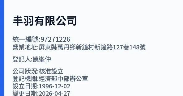 丰羽有限公司的照片-統編 97271226(屏東縣) 公司登記資料與營業項目詳細圖表