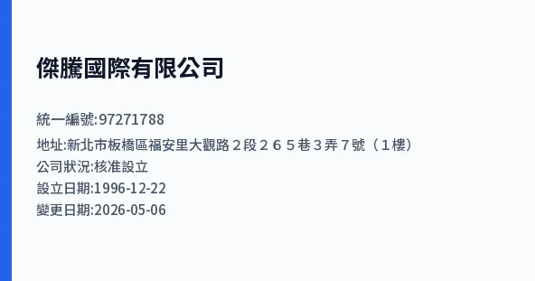 傑騰國際有限公司的照片-統編 97271788(新北市) 公司登記資料與營業項目詳細圖表
