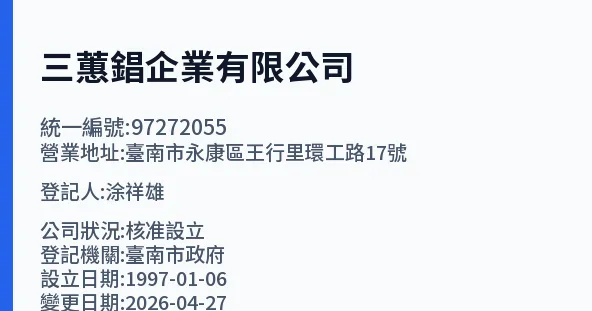 三蕙錩企業有限公司的照片-統編 97272055(臺南市) 公司登記資料與營業項目詳細圖表