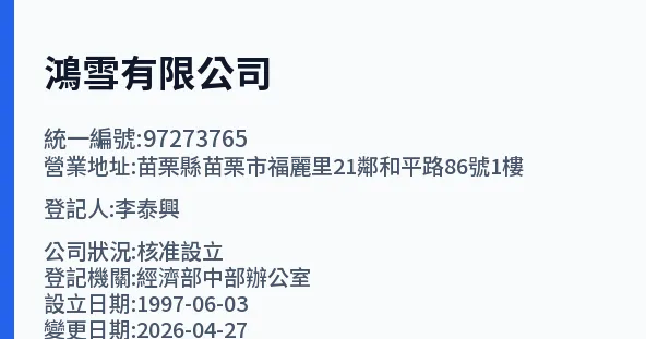 鴻雪有限公司的照片-統編 97273765(苗栗縣) 公司登記資料與營業項目詳細圖表