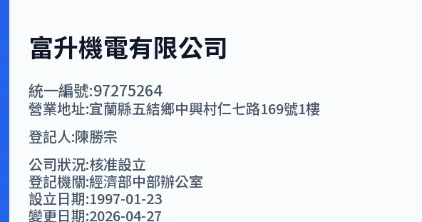 富升機電有限公司的照片-統編 97275264(宜蘭縣) 公司登記資料與營業項目詳細圖表