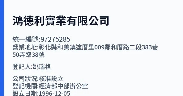 鴻德利實業有限公司的照片-統編 97275285(彰化縣) 公司登記資料與營業項目詳細圖表