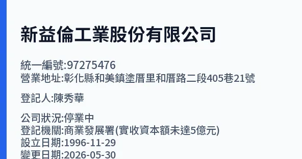 新益倫工業股份有限公司的照片-統編 97275476(彰化縣) 公司登記資料與營業項目詳細圖表