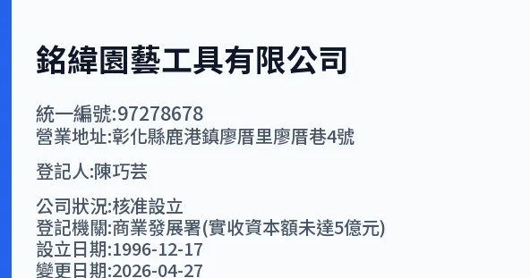 銘緯園藝工具有限公司的照片-統編 97278678(彰化縣) 公司登記資料與營業項目詳細圖表