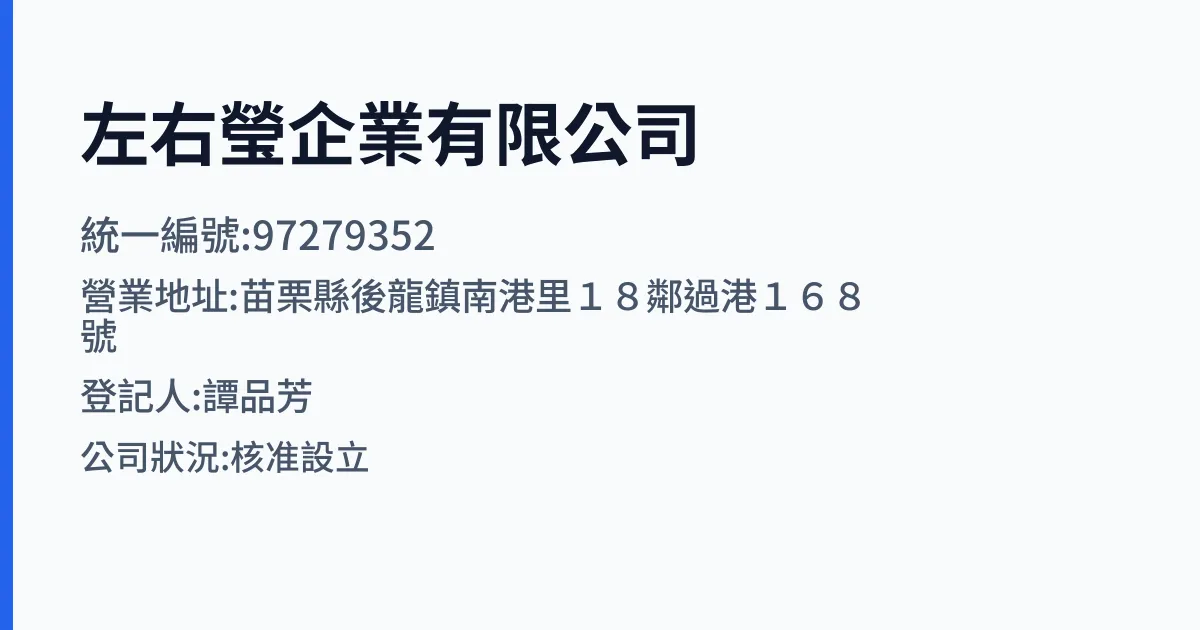 左右瑩企業有限公司 - 統編 97279352 (苗栗縣) 公司登記資料與營業項目詳細圖表