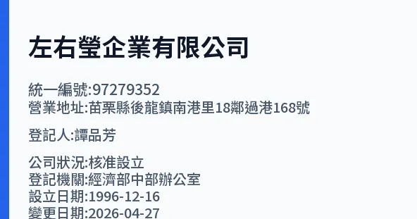 左右瑩企業有限公司的照片-統編 97279352(苗栗縣) 公司登記資料與營業項目詳細圖表