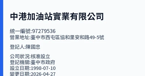 中港加油站實業有限公司的照片-統編 97279536(臺中市) 公司登記資料與營業項目詳細圖表