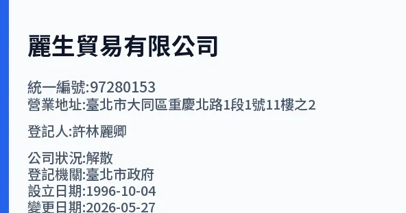麗生貿易有限公司的照片-統編 97280153(臺北市) 公司登記資料與營業項目詳細圖表