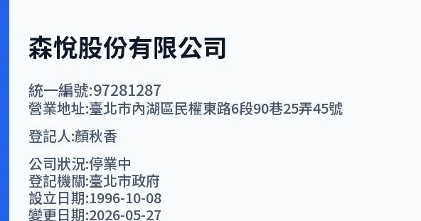 森悅股份有限公司的照片-統編 97281287(臺北市) 公司登記資料與營業項目詳細圖表