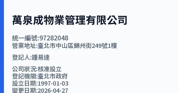萬泉成物業管理有限公司的照片-統編 97282048(臺北市) 公司登記資料與營業項目詳細圖表
