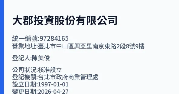 大郡投資股份有限公司的照片-統編 97284165(臺北市) 公司登記資料與營業項目詳細圖表