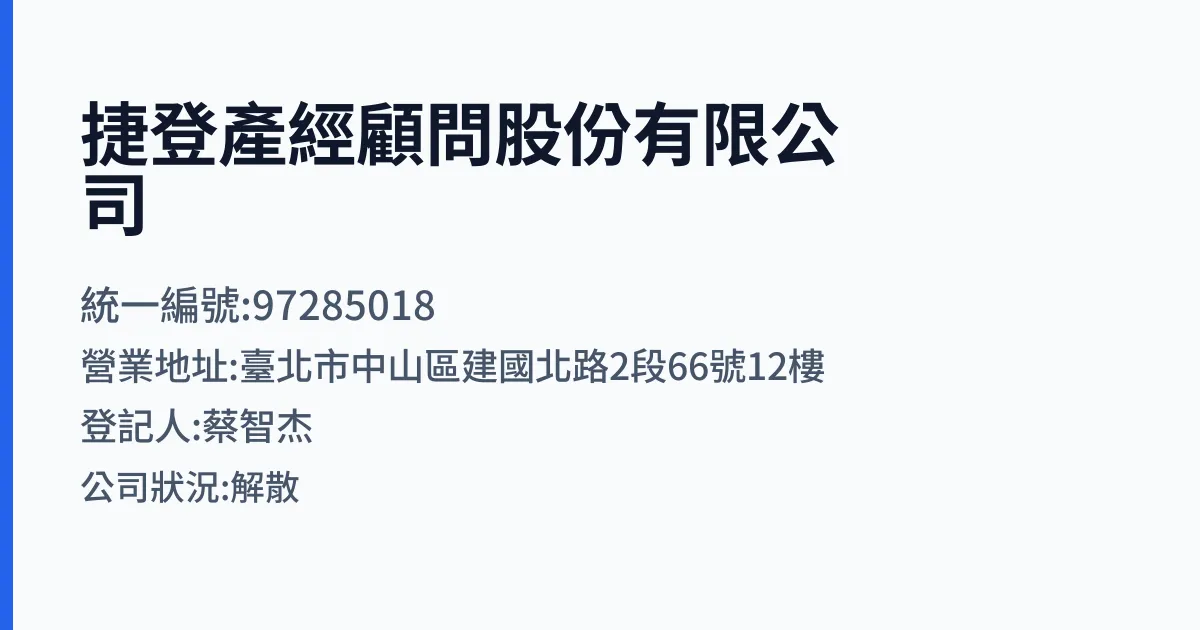 捷登產經顧問股份有限公司 - 統編 97285018(臺北市) 公司登記資料與營業項目詳細圖表