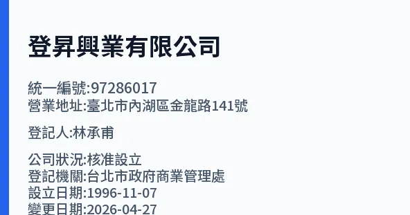 登昇興業有限公司的照片-統編 97286017(臺北市) 公司登記資料與營業項目詳細圖表