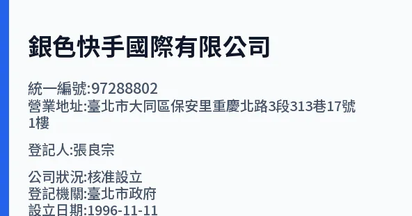 銀色快手國際有限公司的照片-統編 97288802(臺北市) 公司登記資料與營業項目詳細圖表