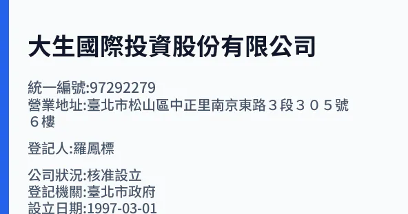 大生國際投資股份有限公司的照片-統編 97292279(臺北市) 公司登記資料與營業項目詳細圖表