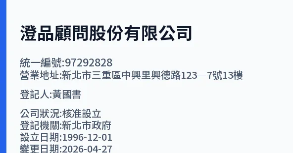 澄品顧問股份有限公司的照片-統編 97292828(新北市) 公司登記資料與營業項目詳細圖表
