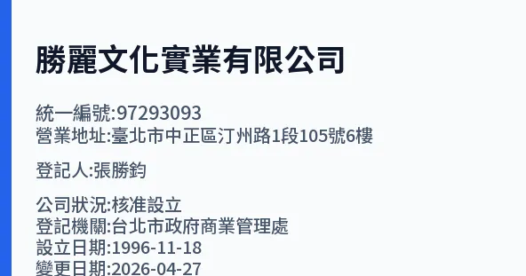 勝麗文化實業有限公司的照片-統編 97293093(臺北市) 公司登記資料與營業項目詳細圖表