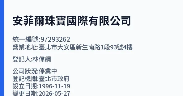 安菲爾珠寶國際有限公司的照片-統編 97293262(臺北市) 公司登記資料與營業項目詳細圖表