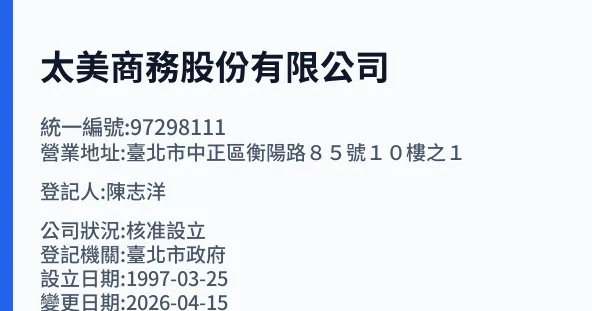 太美商務股份有限公司的照片-統編 97298111(臺北市) 公司登記資料與營業項目詳細圖表