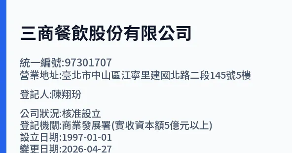 三商餐飲股份有限公司的照片-統編 97301707(臺北市) 公司登記資料與營業項目詳細圖表