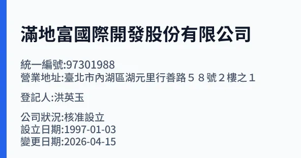 滿地富國際開發股份有限公司的照片-統編 97301988(臺北市) 公司登記資料與營業項目詳細圖表