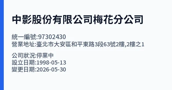 中影股份有限公司梅花分公司的照片-統編 97302430(臺北市) 公司登記資料與營業項目詳細圖表
