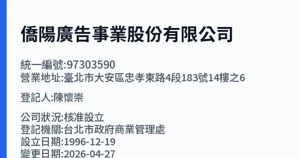 僑陽廣告事業股份有限公司的照片-統編 97303590(臺北市) 公司登記資料與營業項目詳細圖表