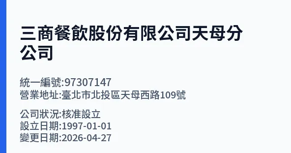 三商餐飲股份有限公司天母分公司的照片-統編 97307147(臺北市) 公司登記資料與營業項目詳細圖表
