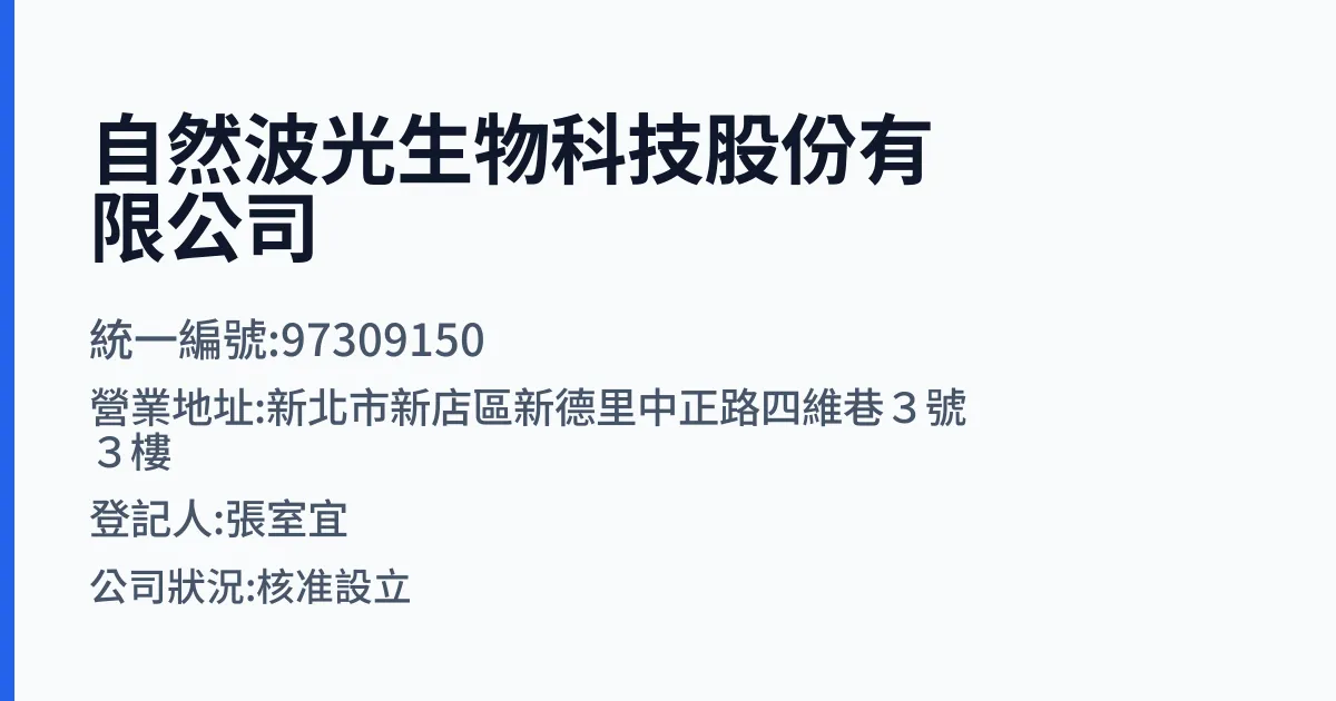 自然波光生物科技股份有限公司 - 統編 97309150(新北市) 公司登記資料與營業項目詳細圖表
