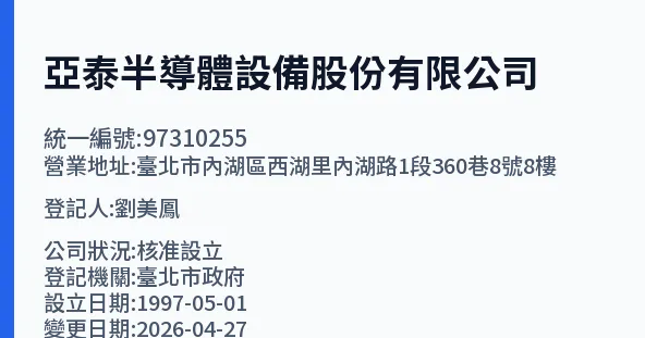 亞泰半導體設備股份有限公司的照片-統編 97310255(臺北市) 公司登記資料與營業項目詳細圖表