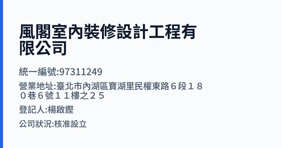 風閣室內裝修設計工程有限公司 - 統編 97311249(臺北市) 公司登記資料與營業項目詳細圖表