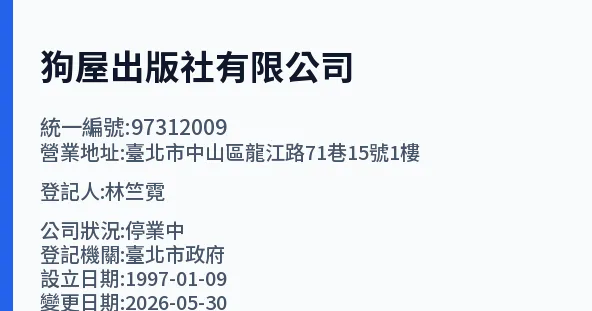 狗屋出版社有限公司的照片-統編 97312009(臺北市) 公司登記資料與營業項目詳細圖表