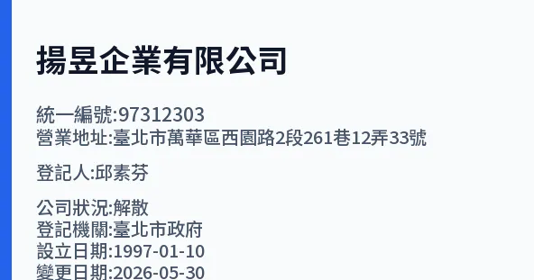 揚昱企業有限公司的照片-統編 97312303(臺北市) 公司登記資料與營業項目詳細圖表