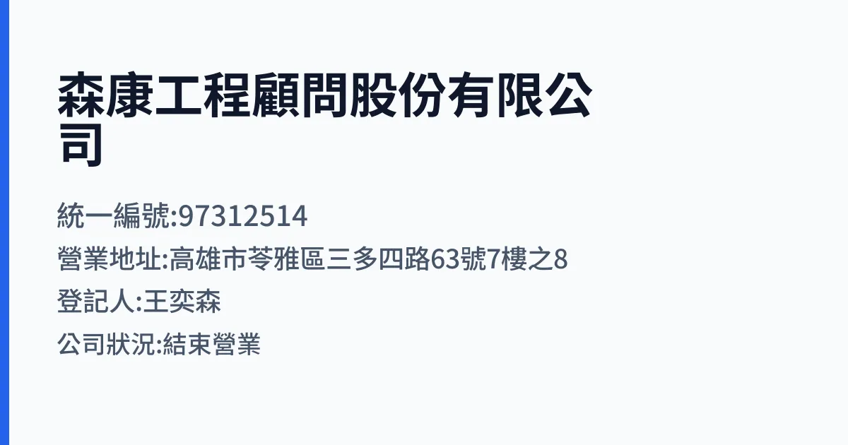 森康工程顧問股份有限公司 - 統編 97312514(高雄市) 公司登記資料與營業項目詳細圖表