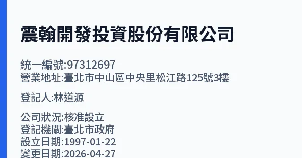 震翰開發投資股份有限公司的照片-統編 97312697(臺北市) 公司登記資料與營業項目詳細圖表
