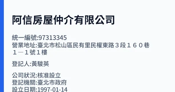 阿信房屋仲介有限公司的照片-統編 97313345(臺北市) 公司登記資料與營業項目詳細圖表