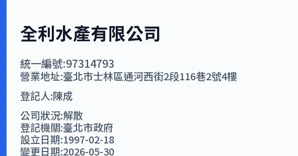 全利水產有限公司的照片-統編 97314793(臺北市) 公司登記資料與營業項目詳細圖表