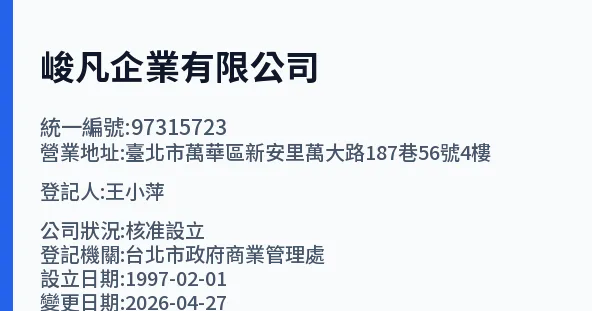 峻凡企業有限公司的照片-統編 97315723(臺北市) 公司登記資料與營業項目詳細圖表