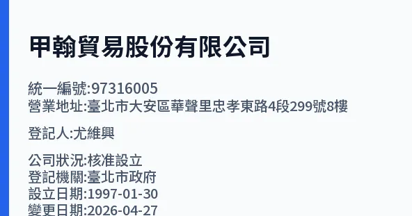 甲翰貿易股份有限公司的照片-統編 97316005(臺北市) 公司登記資料與營業項目詳細圖表
