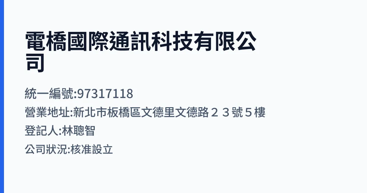 電橋國際通訊科技有限公司 - 統編 97317118(新北市) 公司登記資料與營業項目詳細圖表