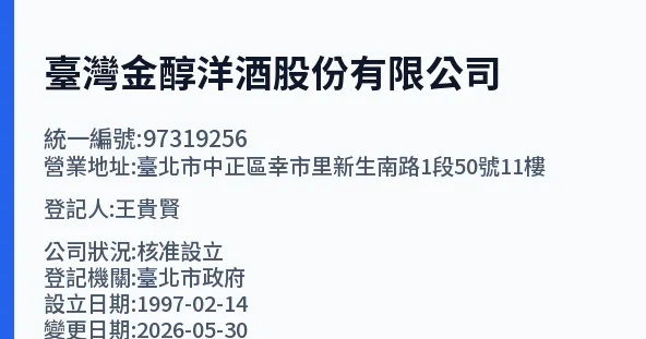 臺灣金醇洋酒股份有限公司的照片-統編 97319256(臺北市) 公司登記資料與營業項目詳細圖表