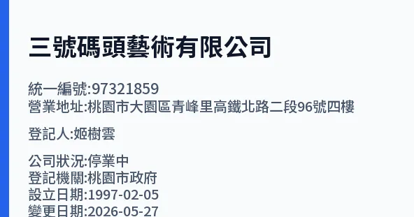 三號碼頭藝術有限公司的照片-統編 97321859(桃園市) 公司登記資料與營業項目詳細圖表